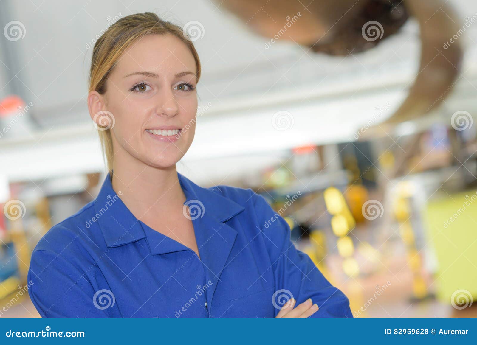 Portrait Woman in Blue Work Jacket Stock Photo - Image of worker, alone ...
