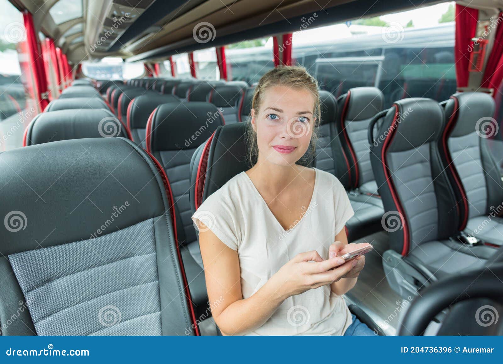 Portrait woman on bus stock photo. Image of commuter - 204736396