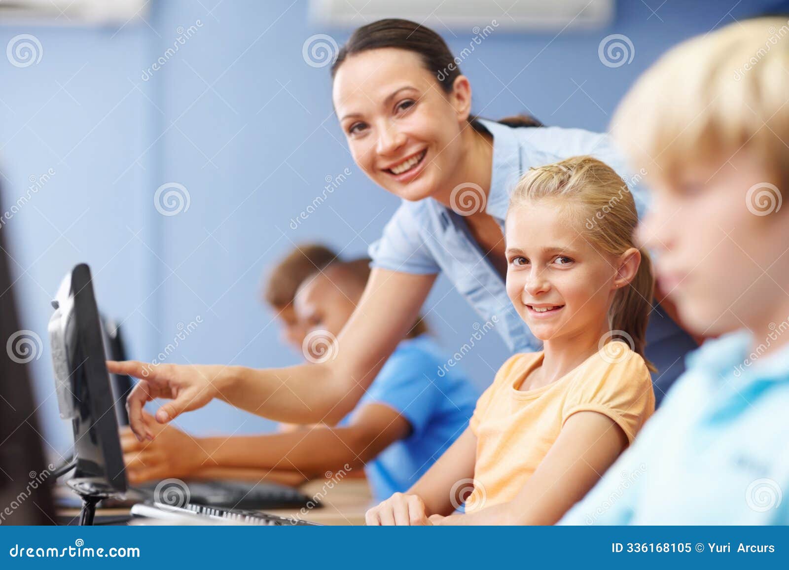 Portrait, Woman and Children in Classroom, Computer and Teaching of ...