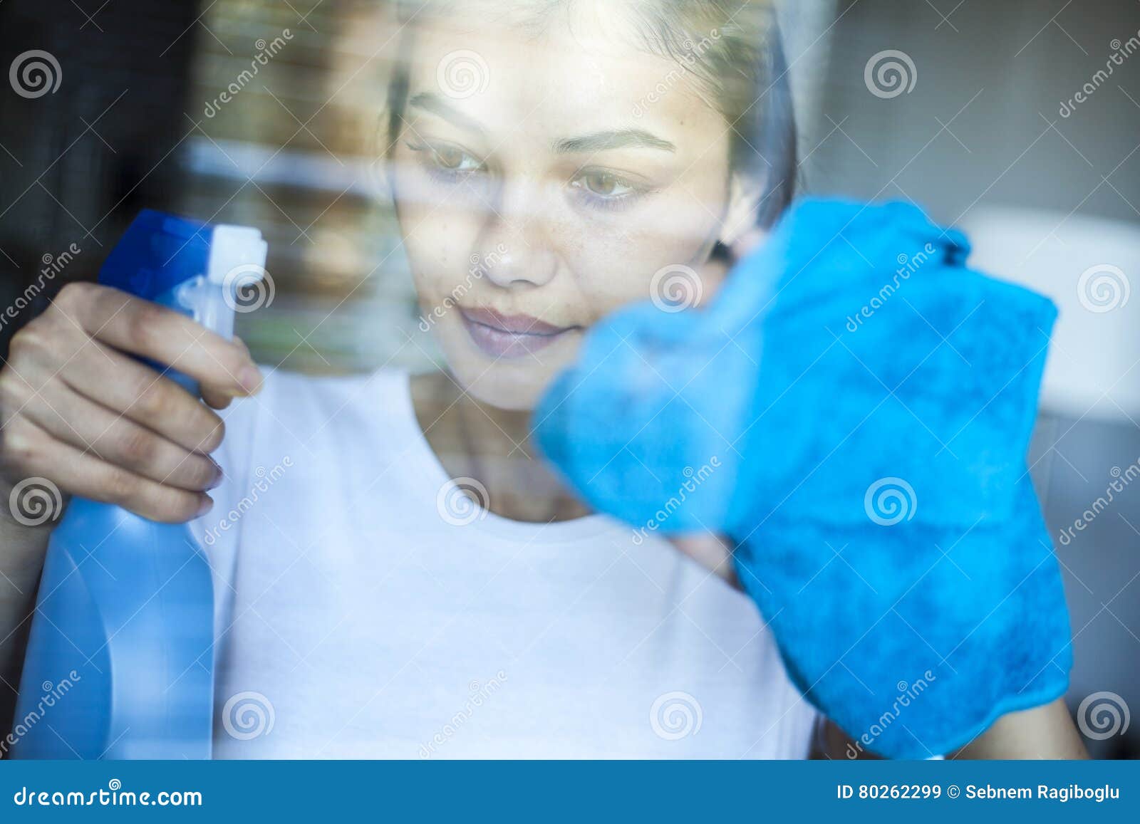 Portrait Woman Cleaning Window in Home Stock Image - Image of holding ...