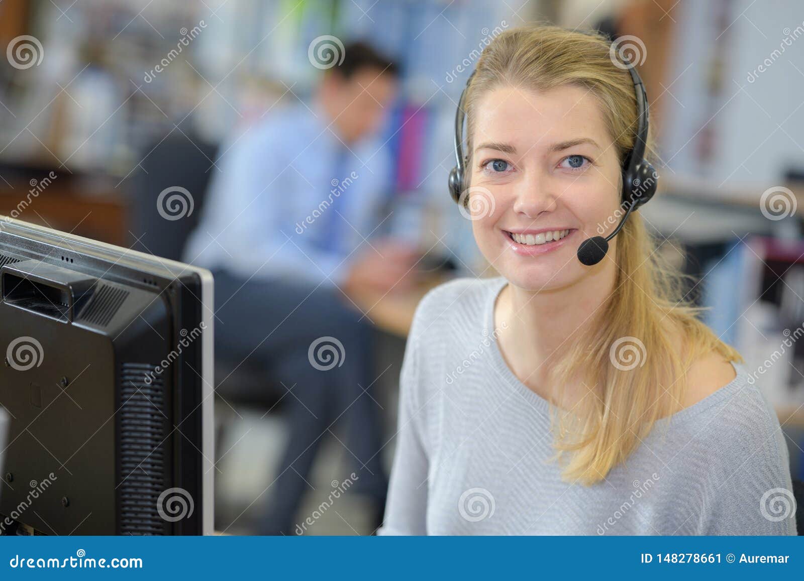 Portrait Woman at Computer Wearing Headset Stock Image - Image of ...