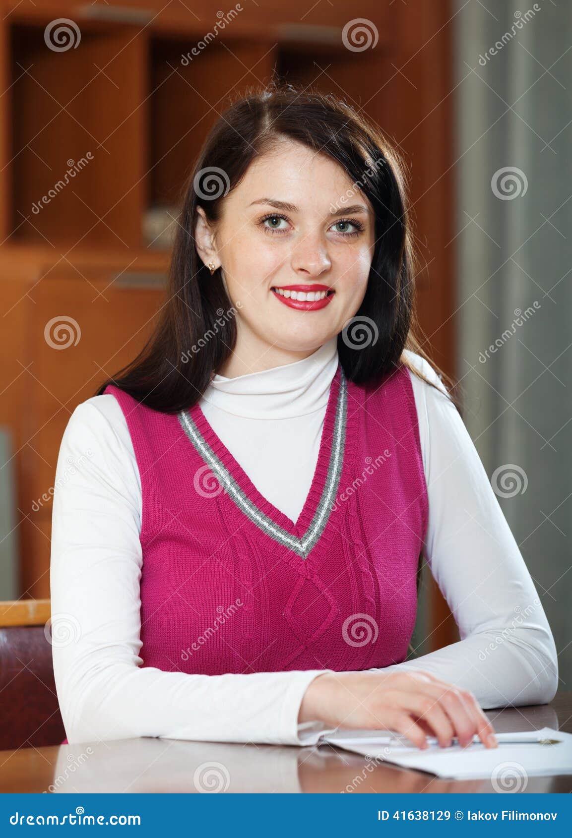 Portrait of Woman with Documents at Table Stock Image - Image of girl ...