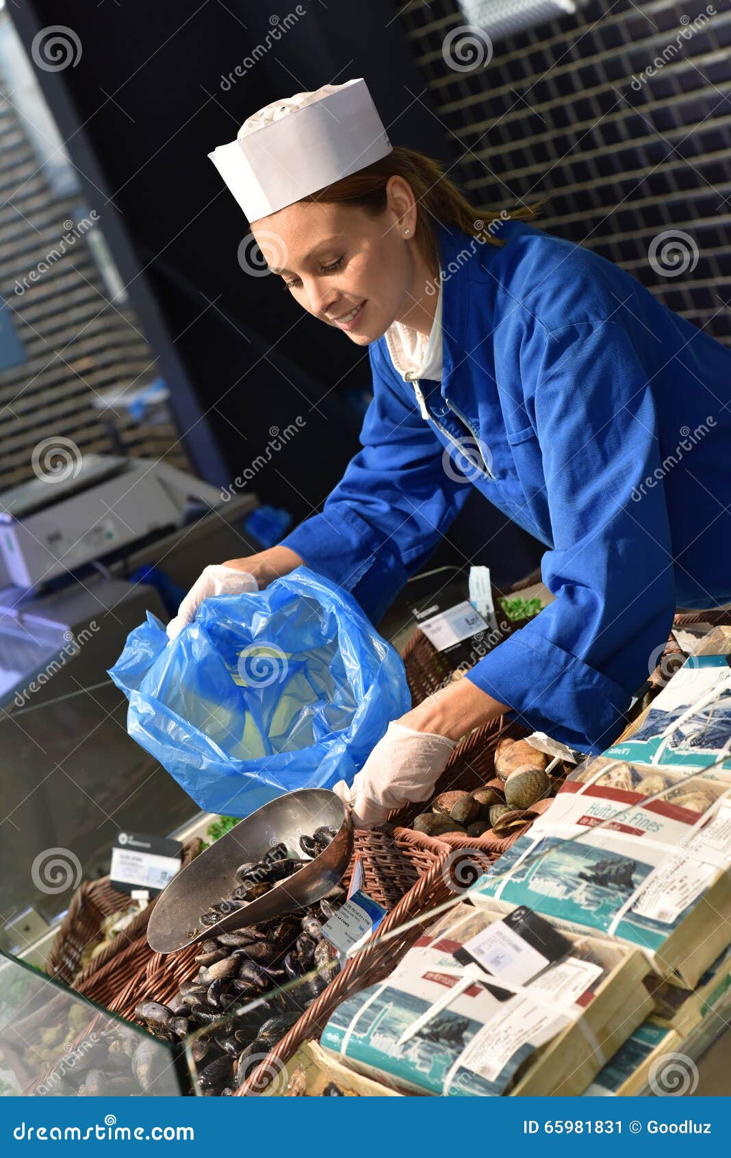 Portrait of Woman Fishmonger at Work Stock Image - Image of uniform ...