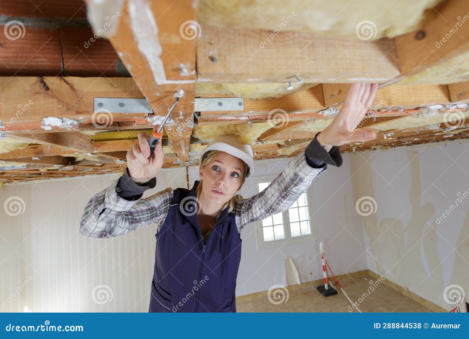 Portrait Woman Fixing Ceiling Structure Stock Photo - Image of hands ...