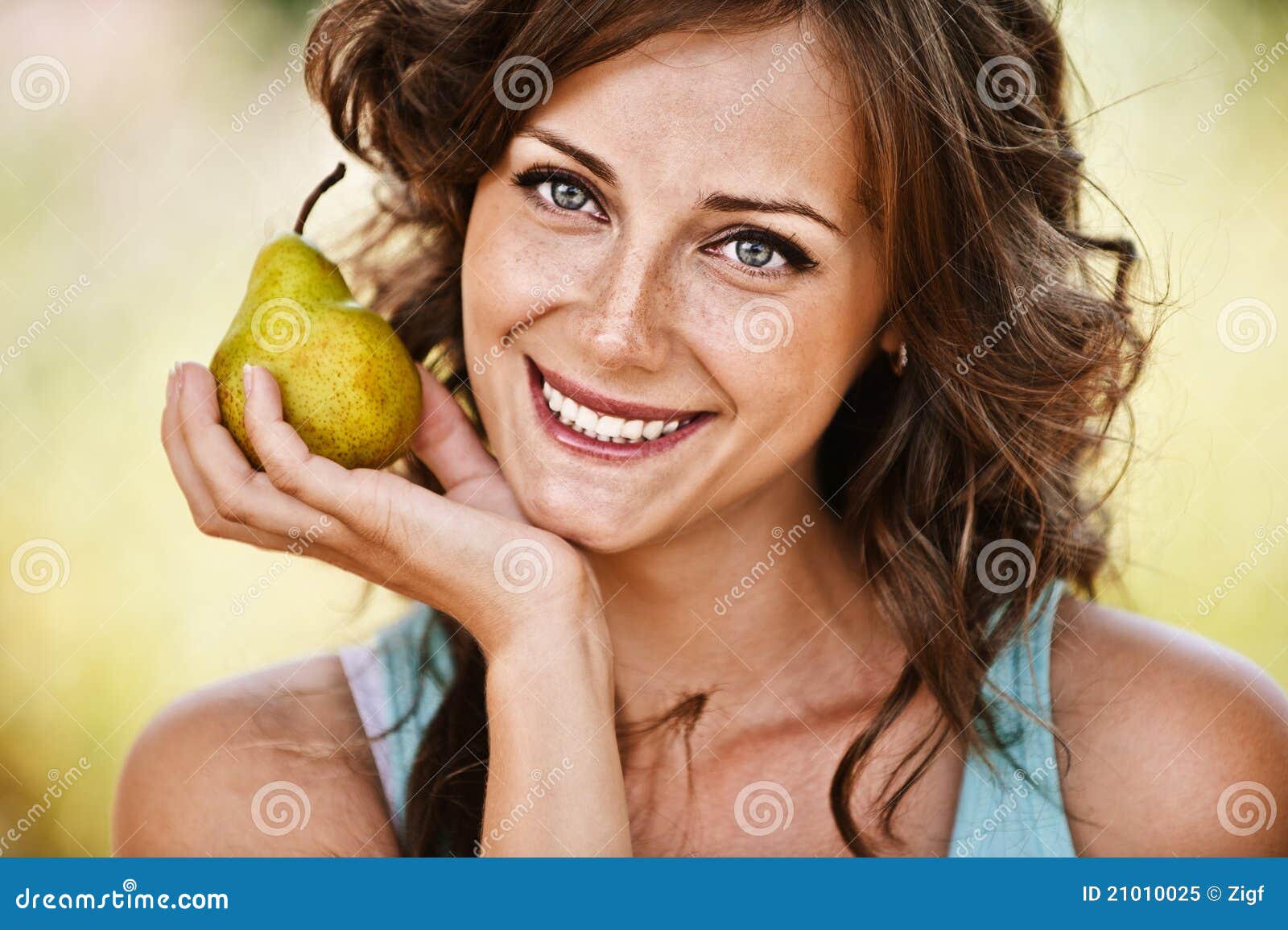 Portrait of Woman Holding Pear Stock Image - Image of natured, happy ...