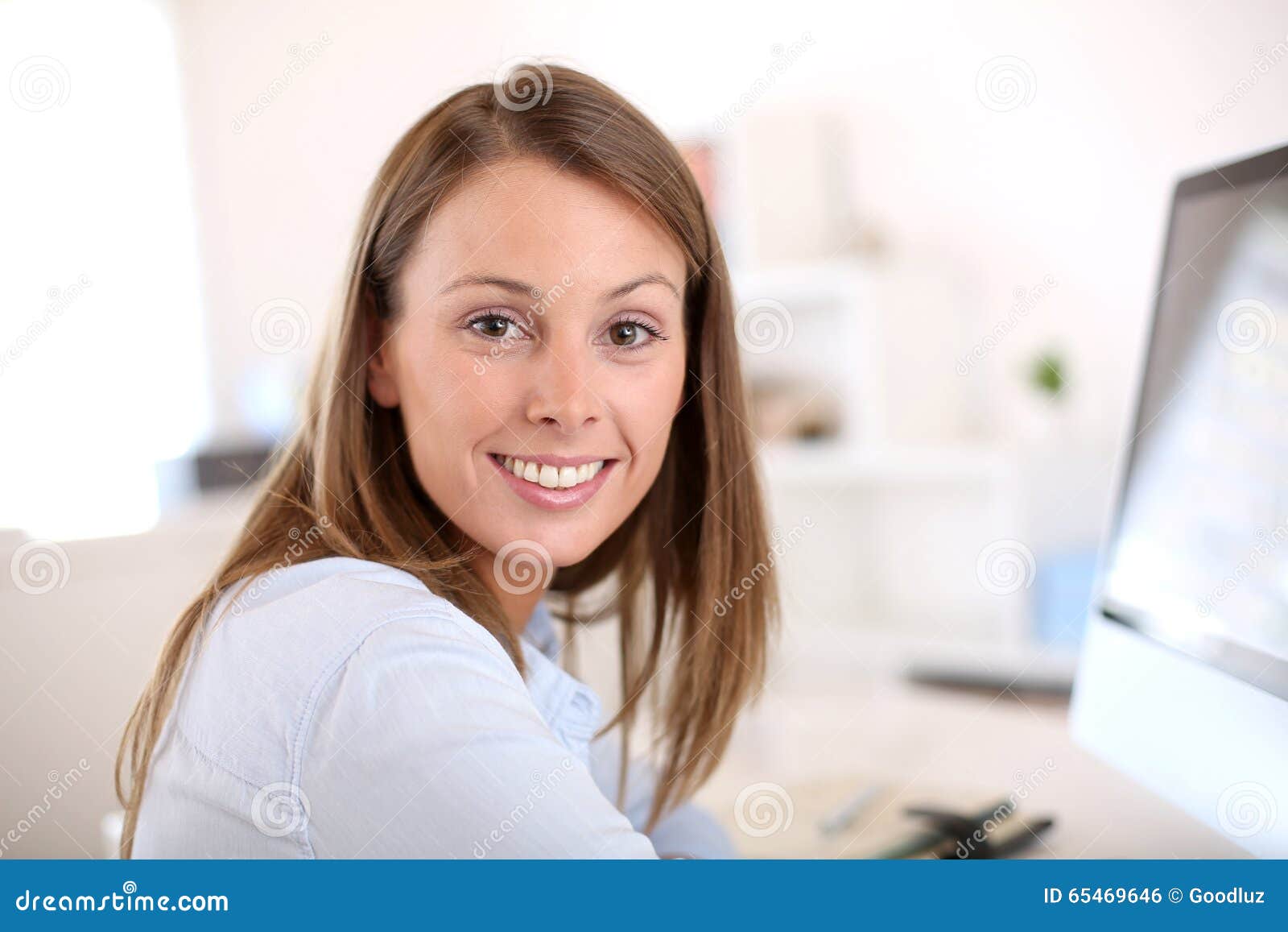 Portrait of Woman Office Worker in Front of Computer Stock Photo ...