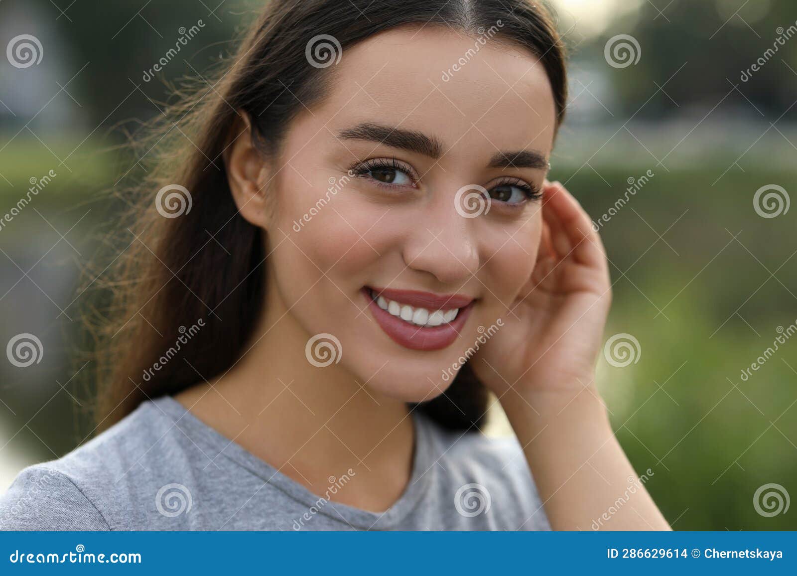 Portrait Of Beautiful Woman Outdoors Attractive Lady Smiling And