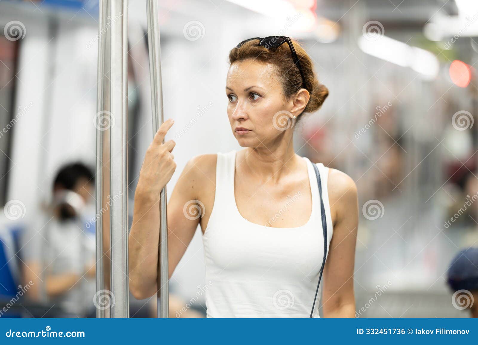 Portrait of Woman Passenger Standing Inside Train at Metro Wagon Stock ...