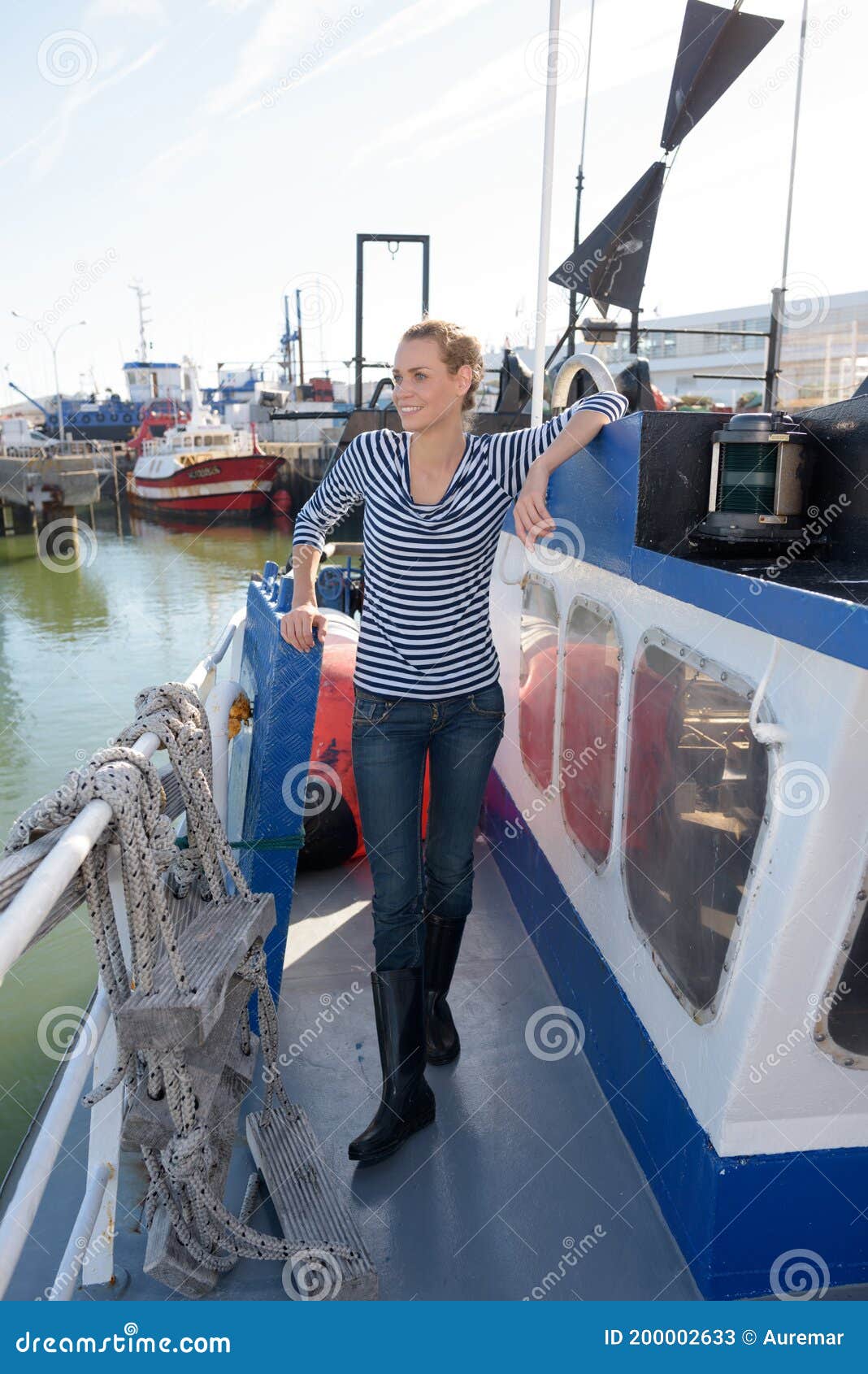 Portrait woman in port stock image. Image of smile, blue - 200002633