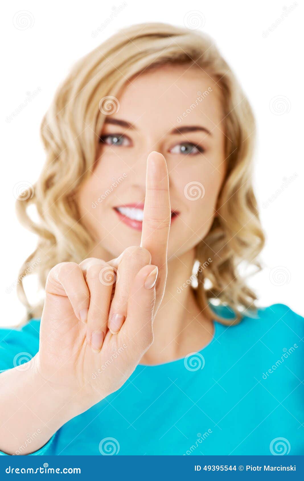 Portrait of Woman Pushing Imaginary Button Stock Photo - Image of ...