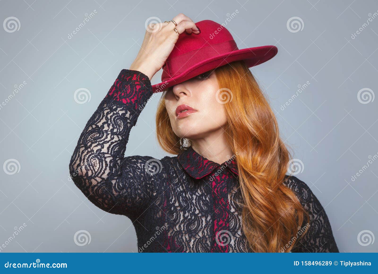 Portrait of a Woman in a Red Hat Stock Image - Image of haired, lace ...