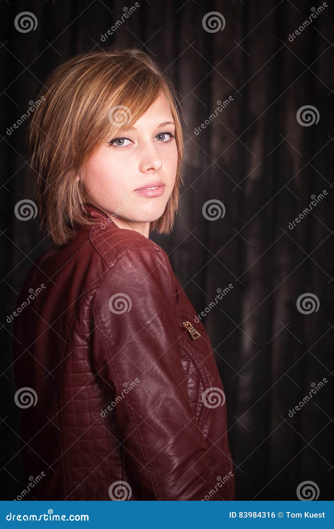 Portrait Woman in Red Leather Jacket Stock Photo - Image of jacket ...