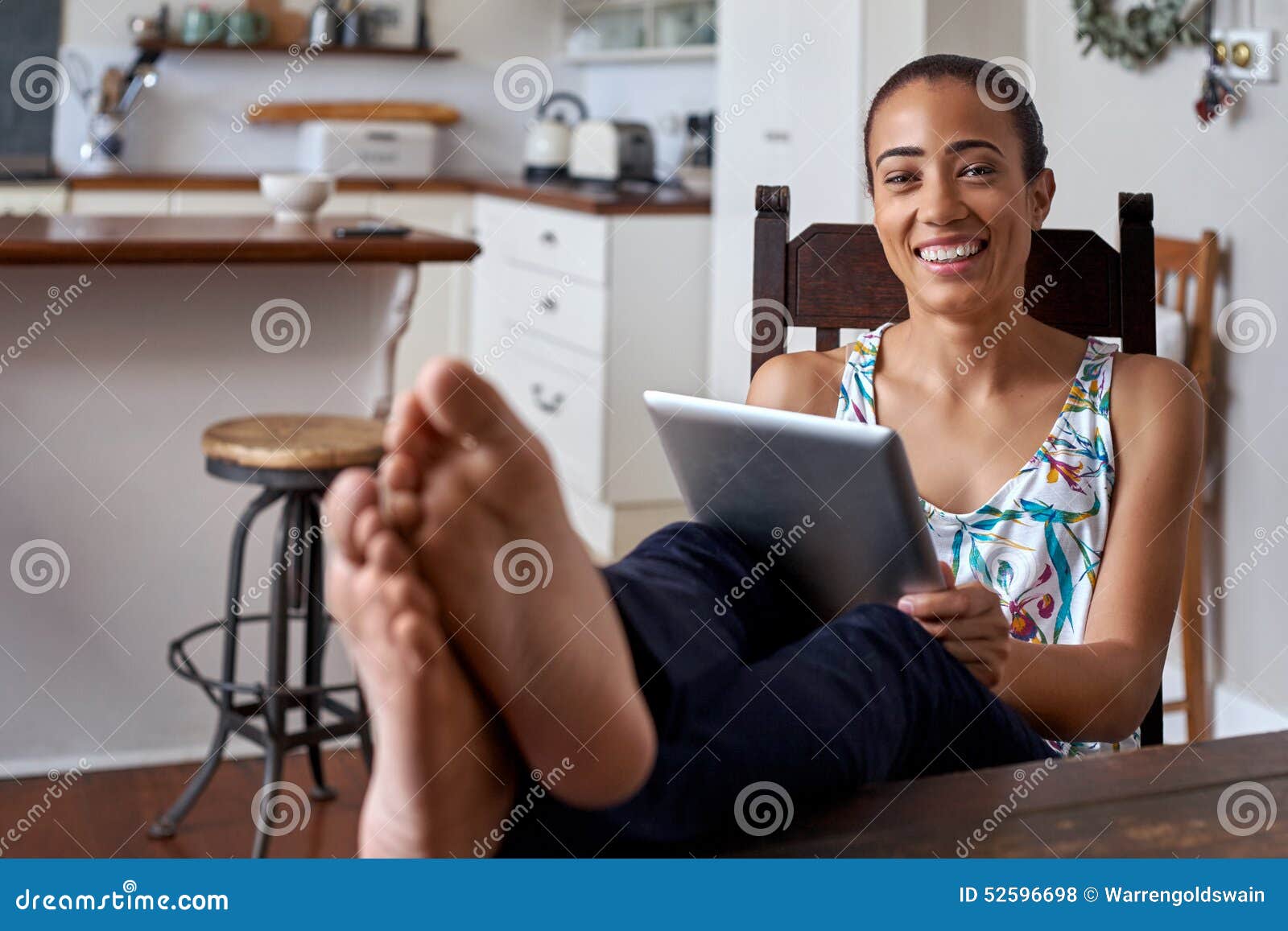 Portrait Woman Relaxing Tablet Stock Photo - Image of legs, feet: 52596698