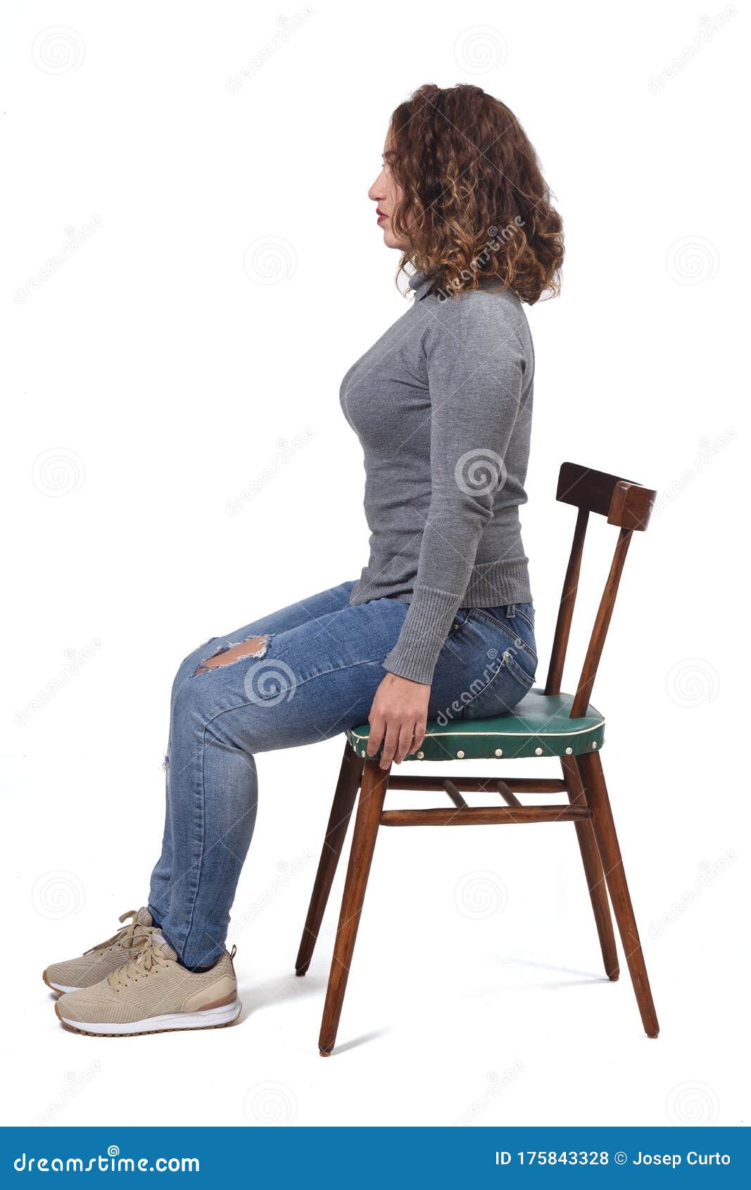 Portrait of a Woman Sitting on a Chair in White Background, Profile ... Portrait of a Woman Sitting on a Chair in White Background, Profile ...
