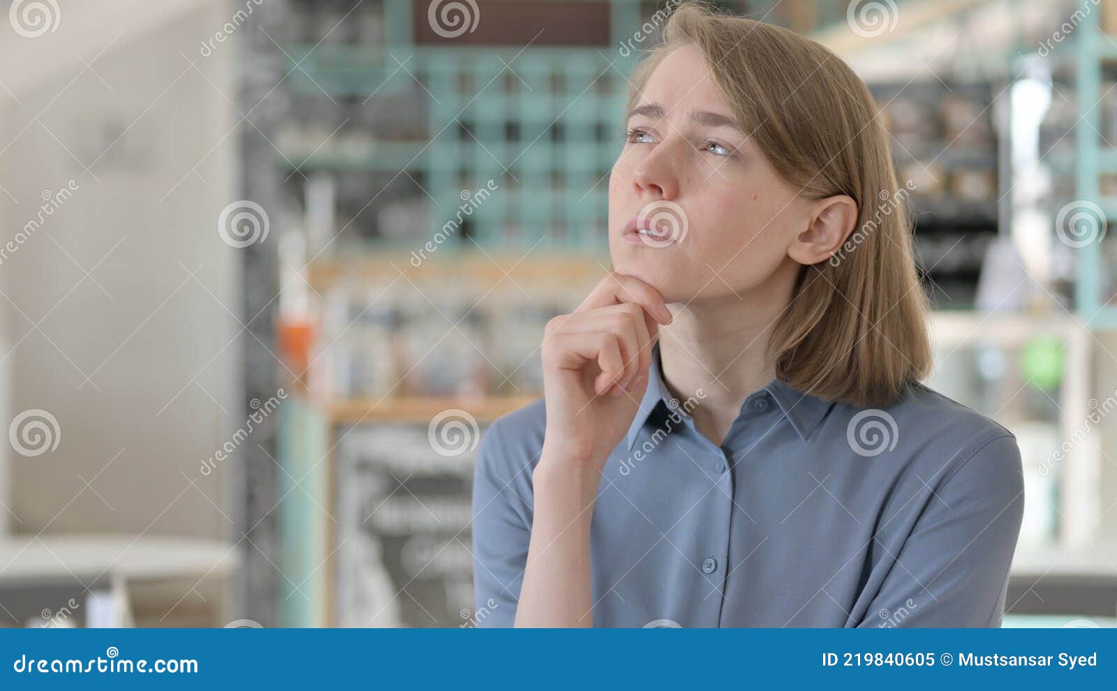 Portrait of Young Woman Sitting and Thinking Stock Image - Image of ...