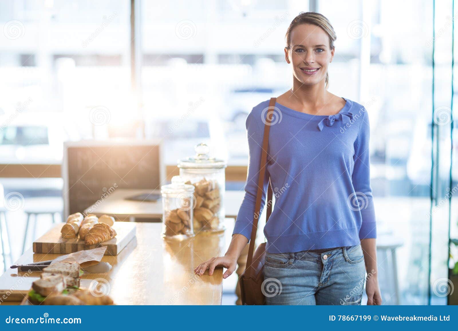 Portrait of Woman Standing beside Counter Stock Image - Image of cafe ...