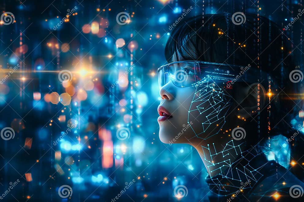 Portrait of a Woman Symbolically Turning into Virtual Human, Virtual ...