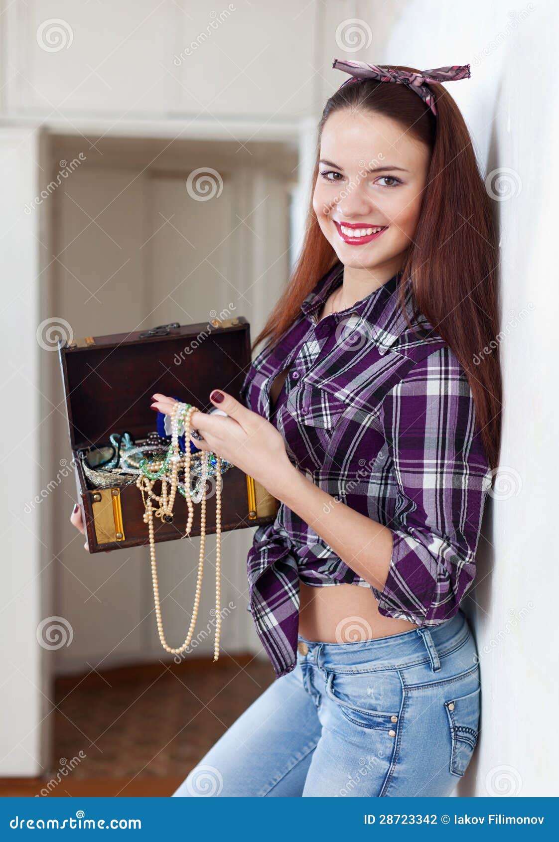 Portrait of Woman with Treasure Chest Stock Photo - Image of earing ...