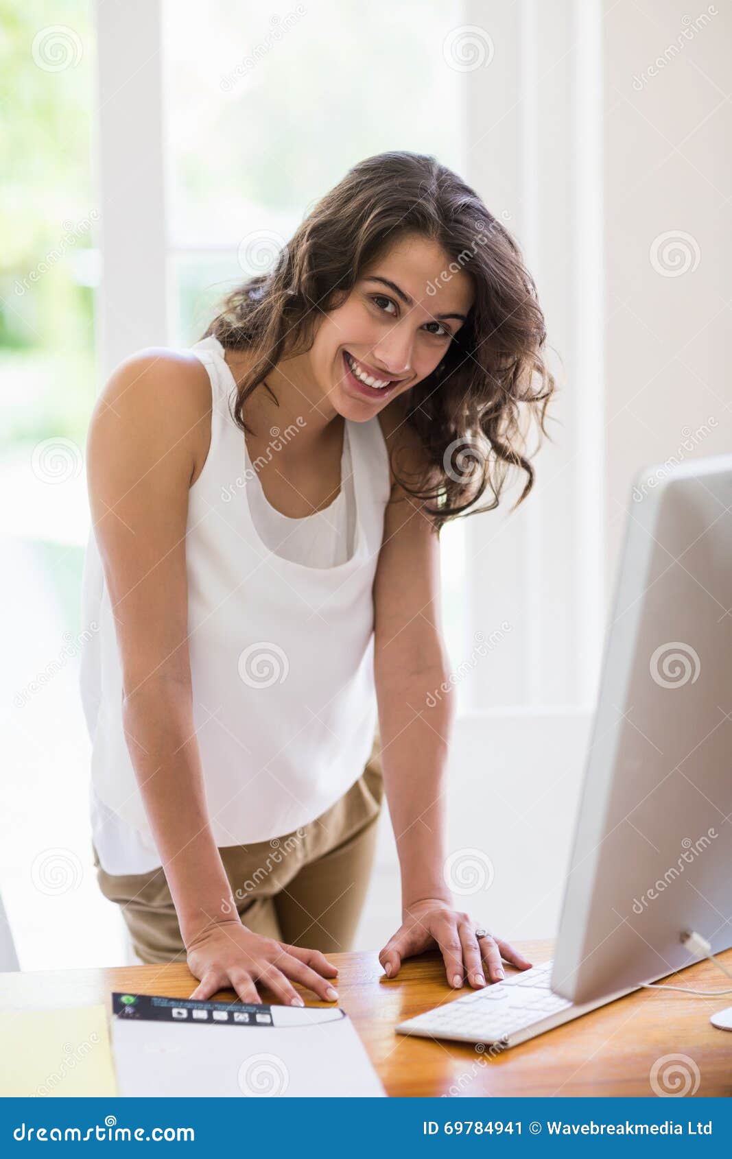 Portrait of Woman Using Computer Stock Image - Image of smiling, house ...