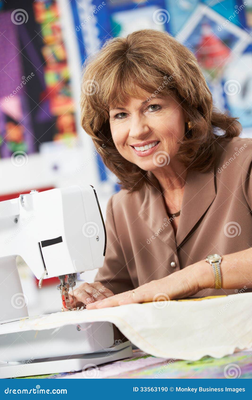 Portrait of Woman Using Electric Sewing Machine Stock Photo - Image of ...