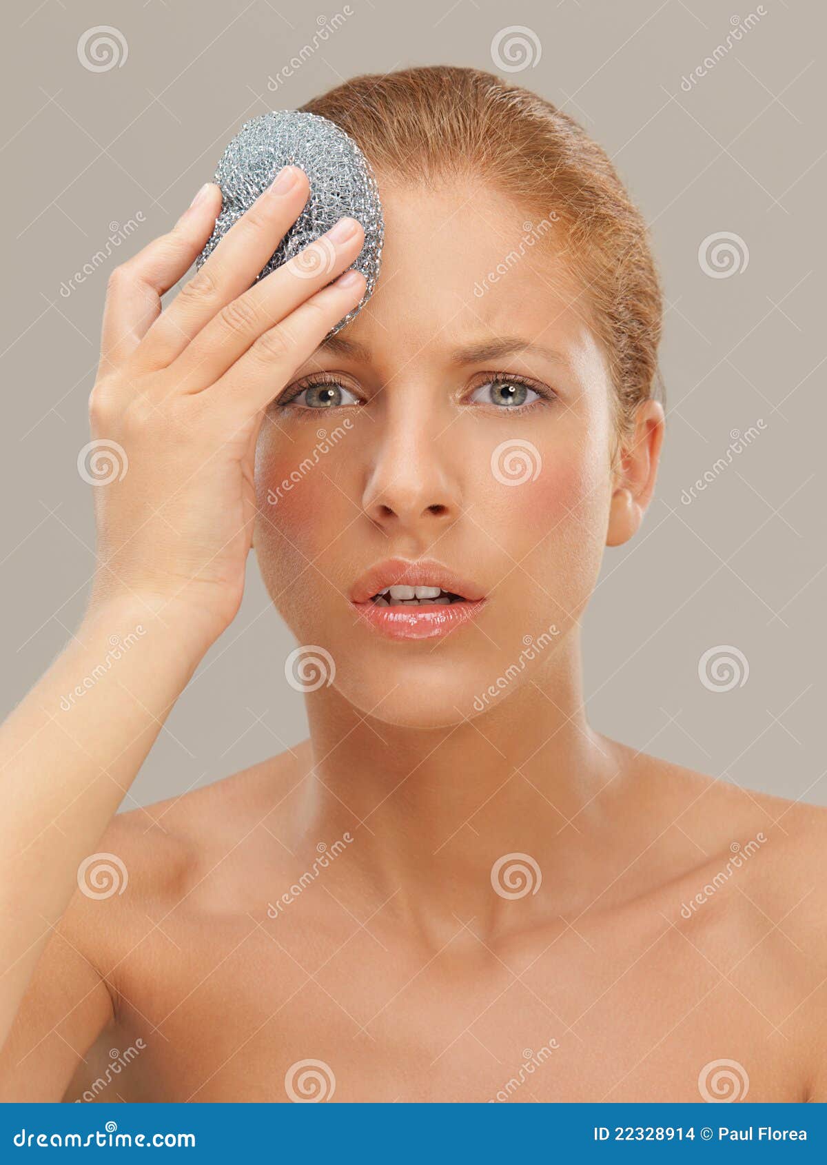 Portrait Woman Using Metal Dish Scrubber Face Stock Photo - Image of ...