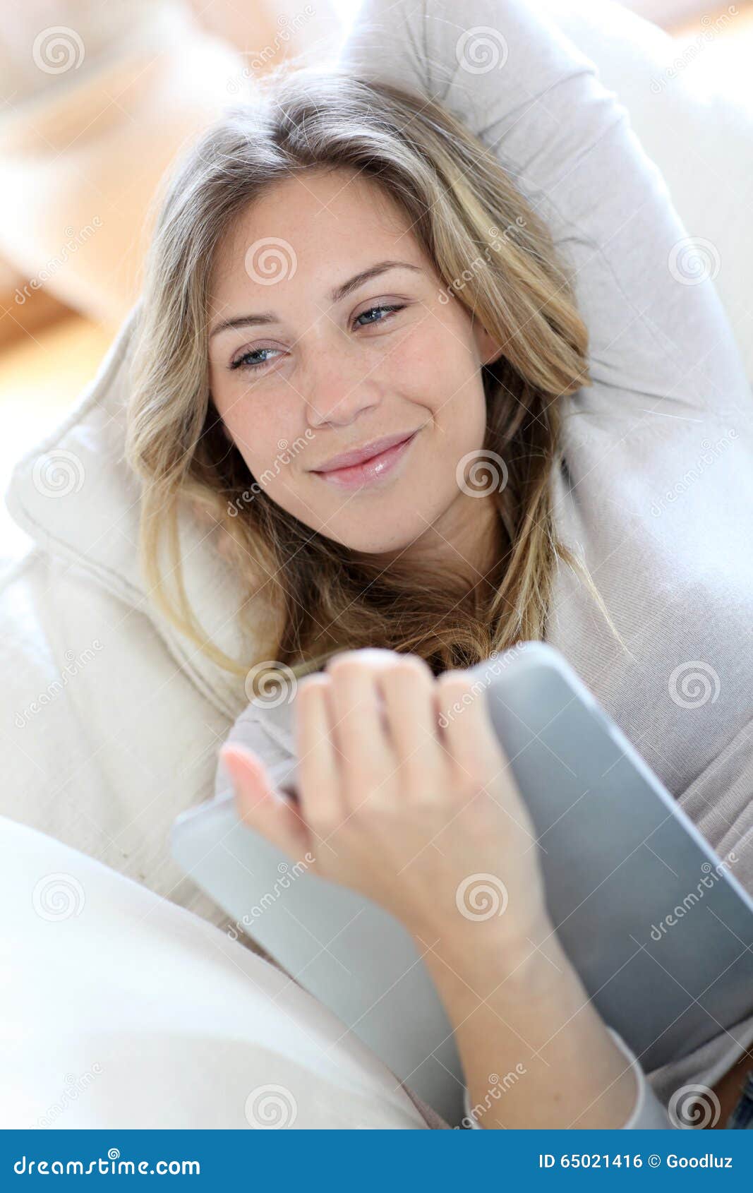 Portrait of Woman Using Tablet at Home Stock Photo - Image of happy ...