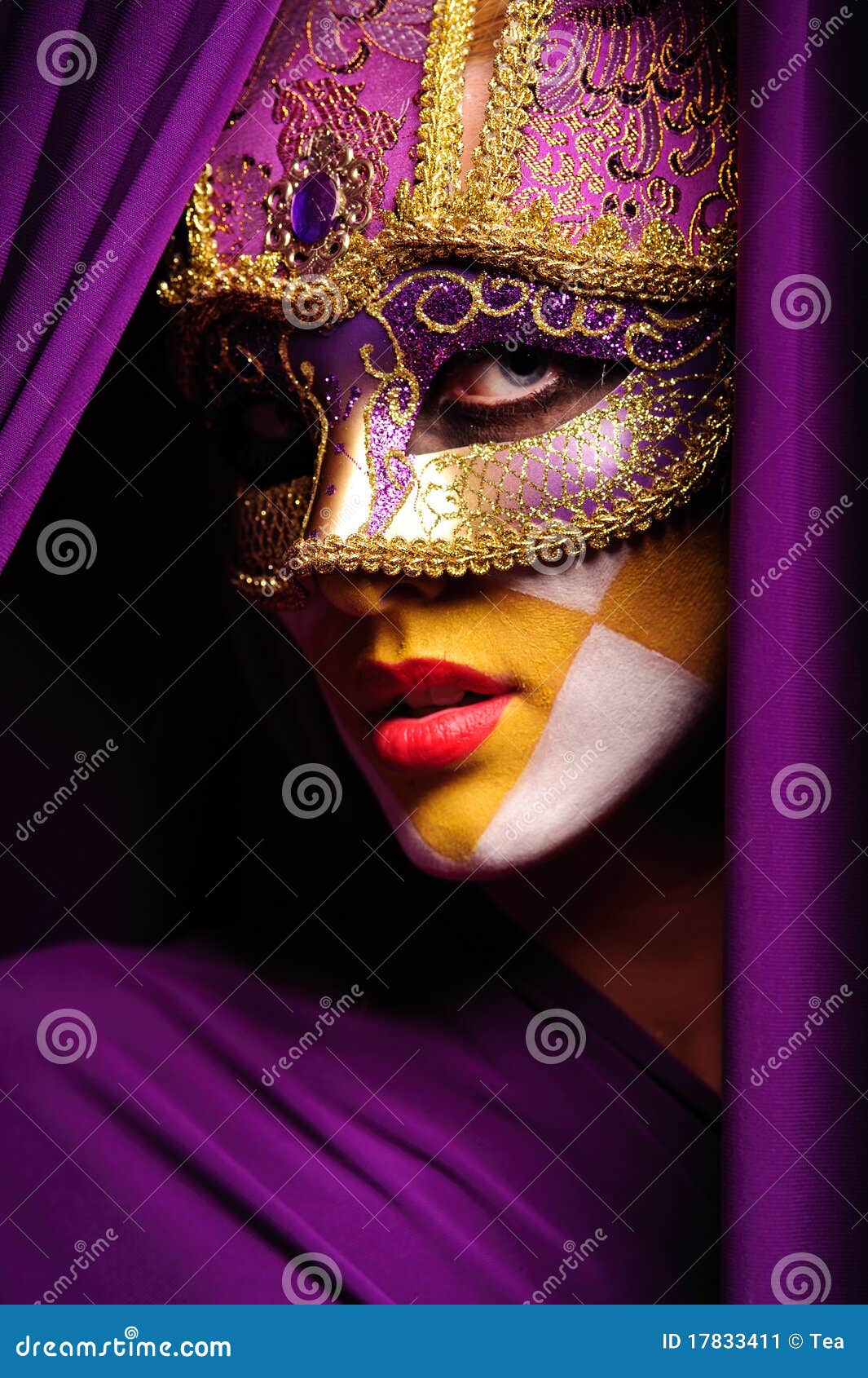 Portrait of Woman in Violet Mask Stock Image - Image of motley, lips ...
