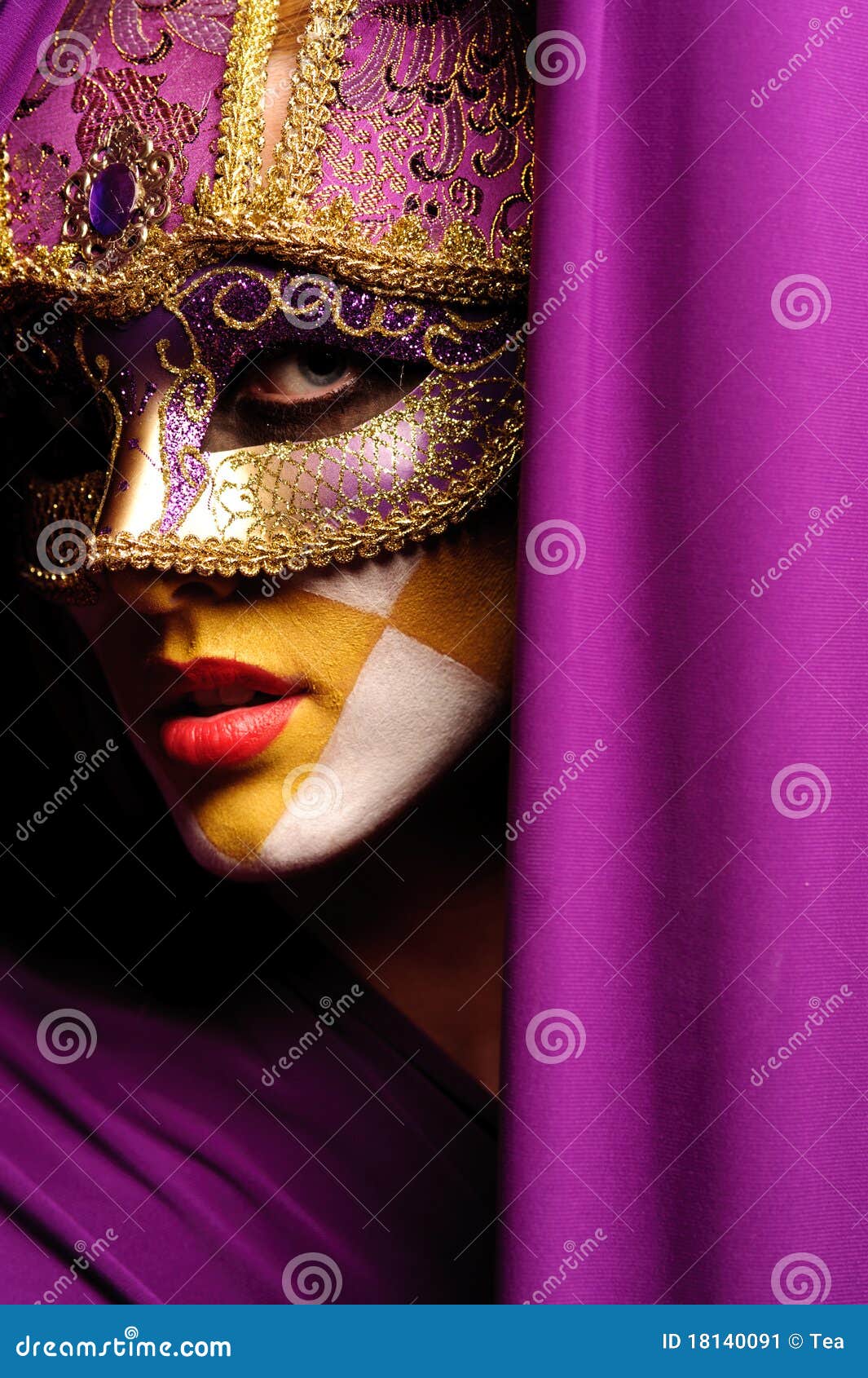 Portrait of Woman in Violet Mask Stock Image - Image of costume ...