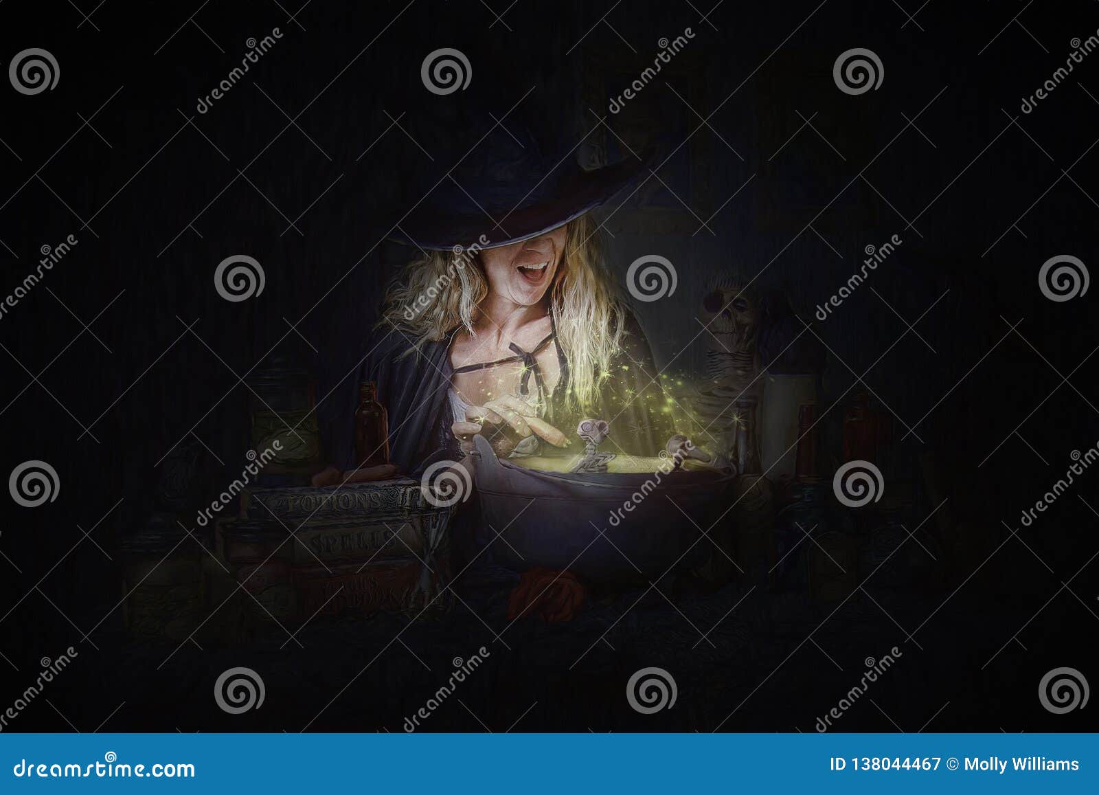 Witch with cauldron stock illustration. Illustration of fantasy - 138044467