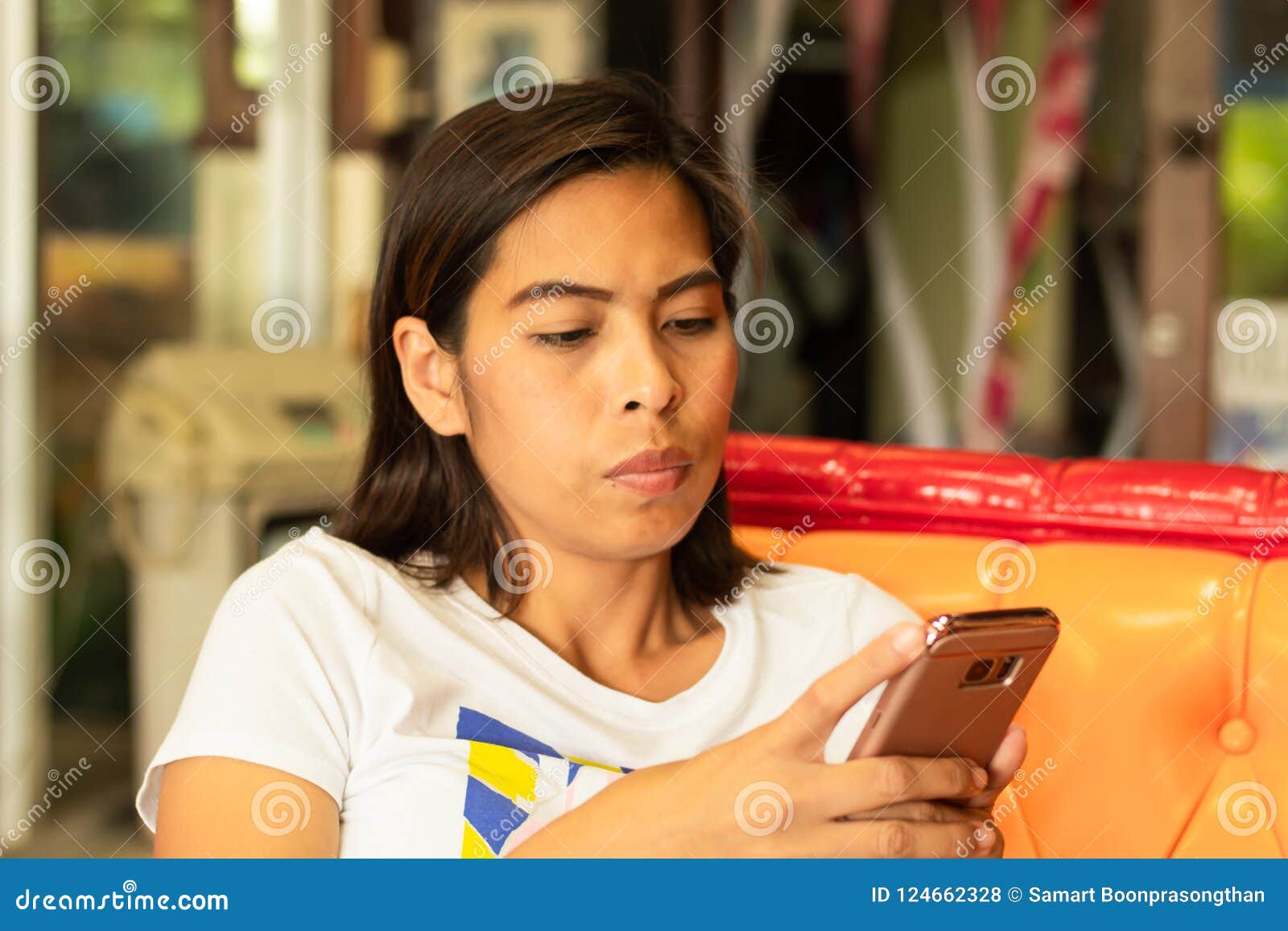 Portrait Women are Playing a Mobile. Stock Photo - Image of message ...