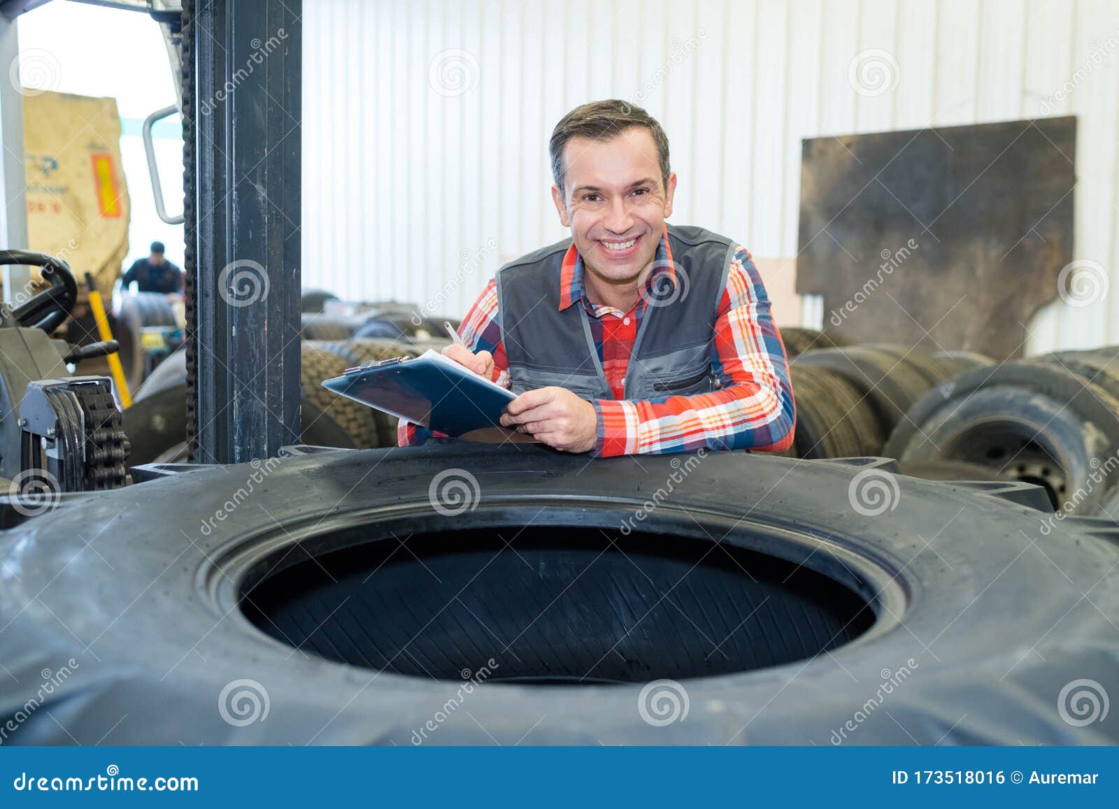 Portrait Worker Checking Digger Tyre Stock Photo - Image of break ...