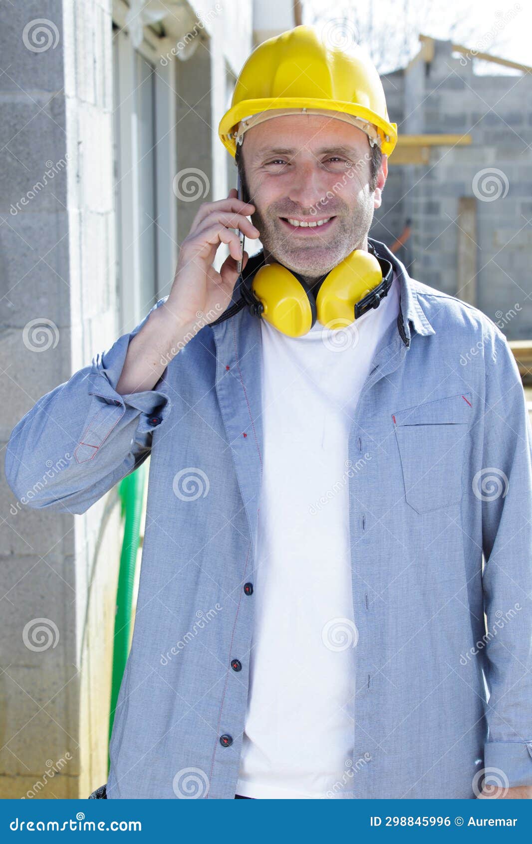 Portrait Worker with Helmet Talking on Phone Stock Photo - Image of ...