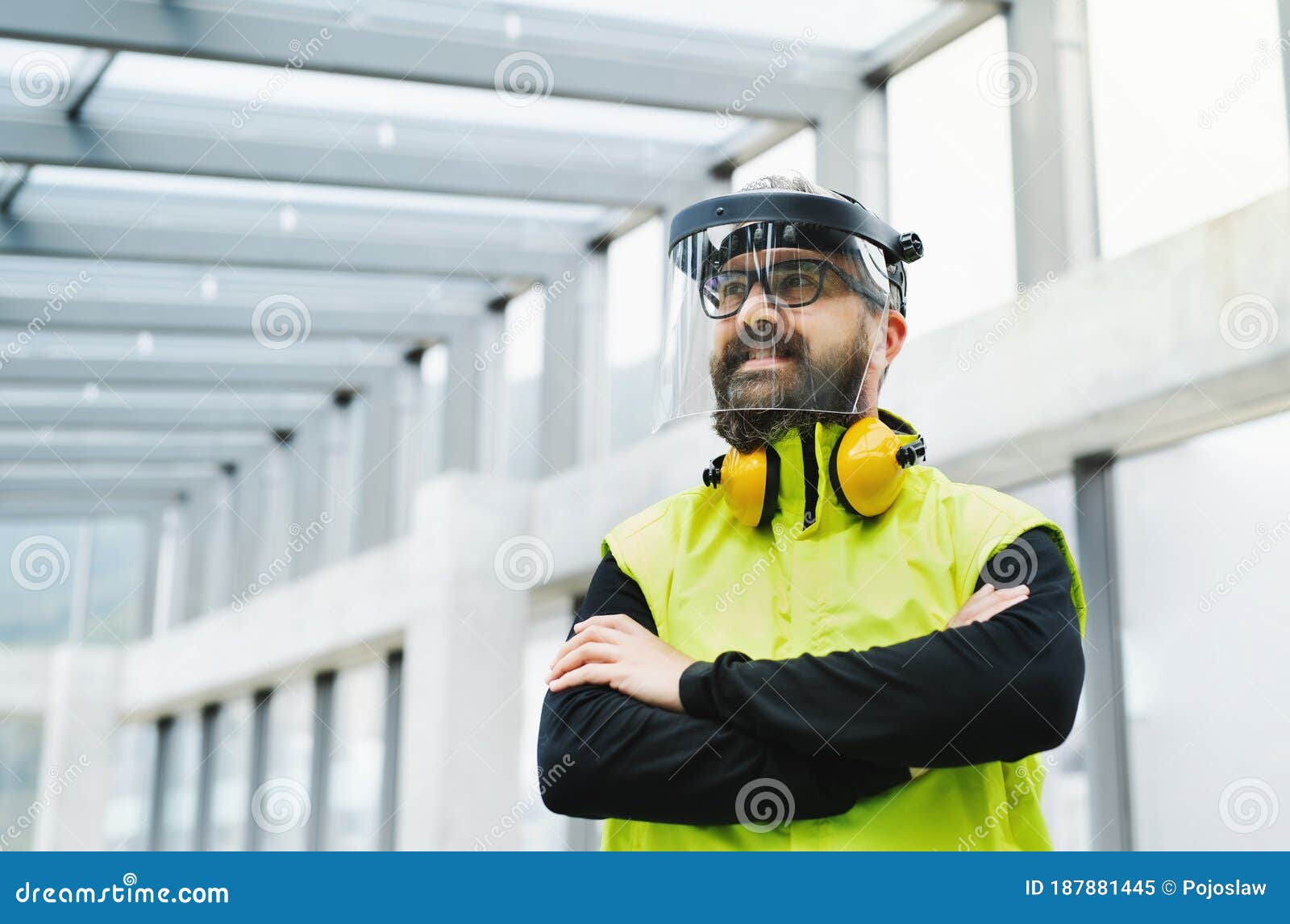 Portrait of Worker with Protective Shield Standing at the Airport ...