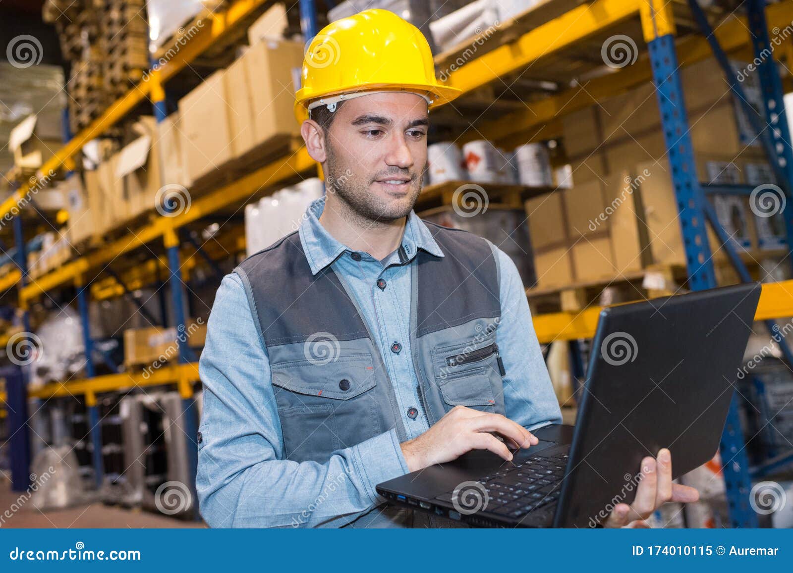 Portrait Worker in Warehouse with Laptop Computer Stock Image - Image ...