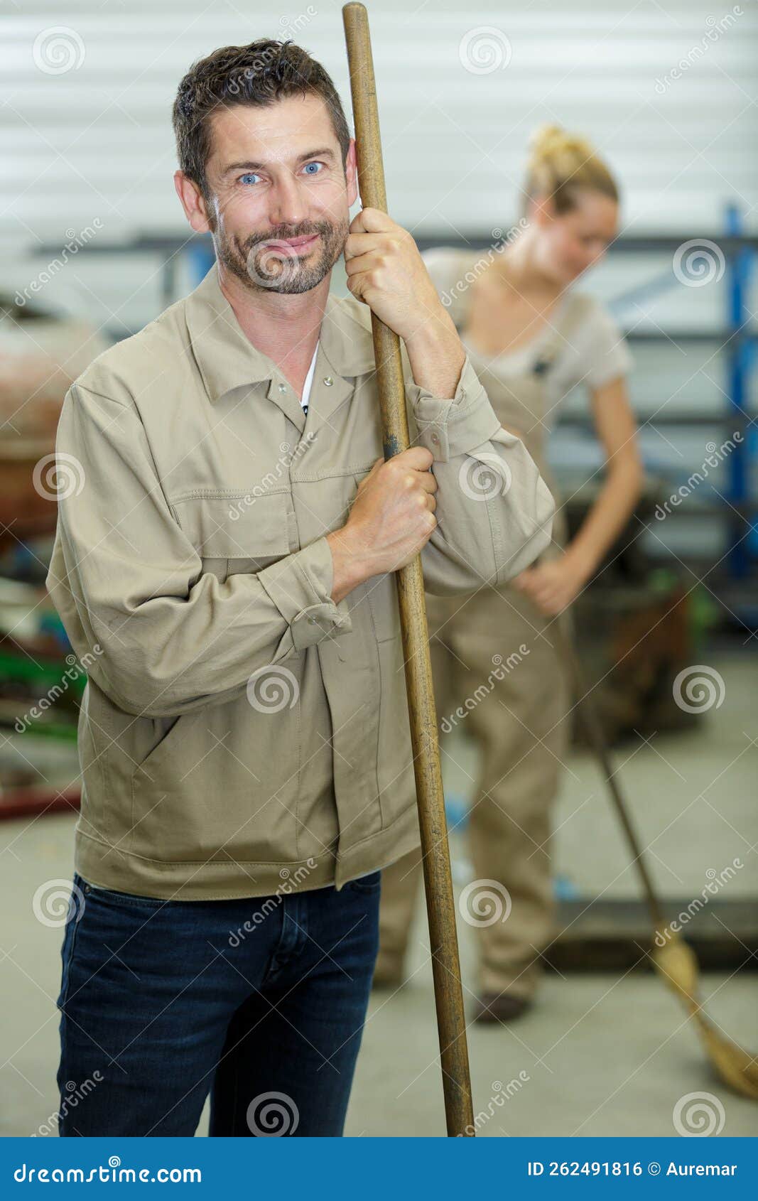 Portrait Workers Cleaning Workshop Stock Photo - Image of tidy, storage ...