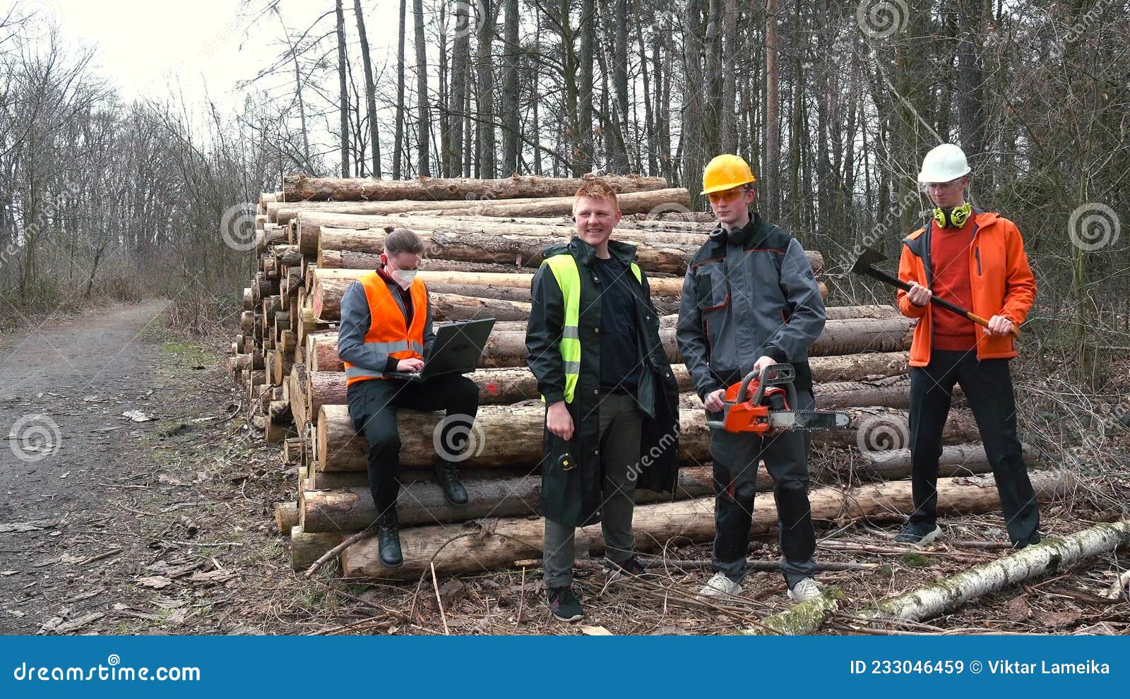 Portrait of Workers at Logging. the Team is Posing. the Worker Uses a ...