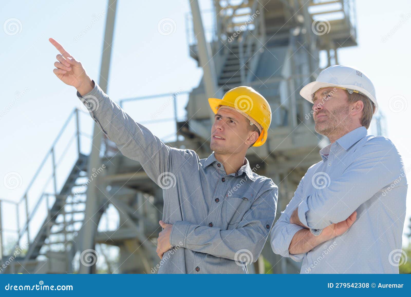 Portrait Workers Pointing Horizon Stock Photo - Image of geodesy ...