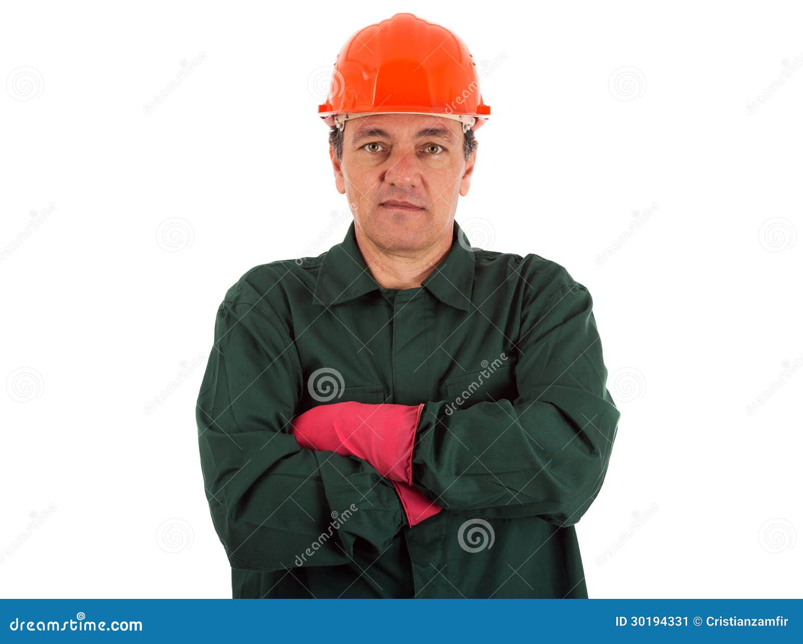 Workman in Overalls and Helmet Showing Different G Stock Image - Image ...