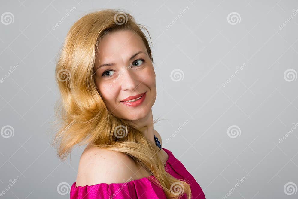 Portrait Of A 39 Year Old Woman In Pink Dress Stock Image Image Of