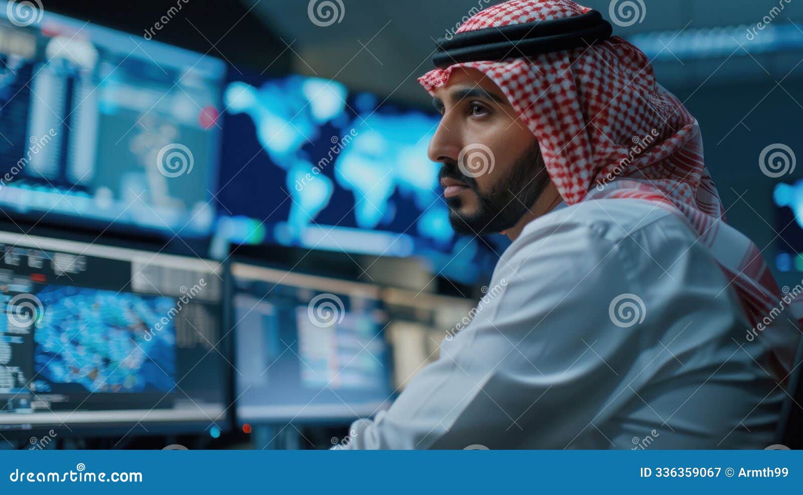 Portrait of Young Arabian Security Guard Using Computer in Surveillance ...