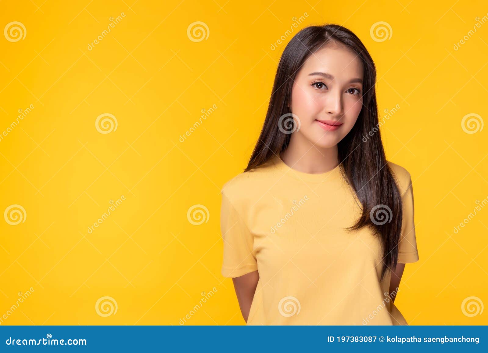 Portrait Young Asian Woman Beautiful Girl Wear Yellow T Shirt With