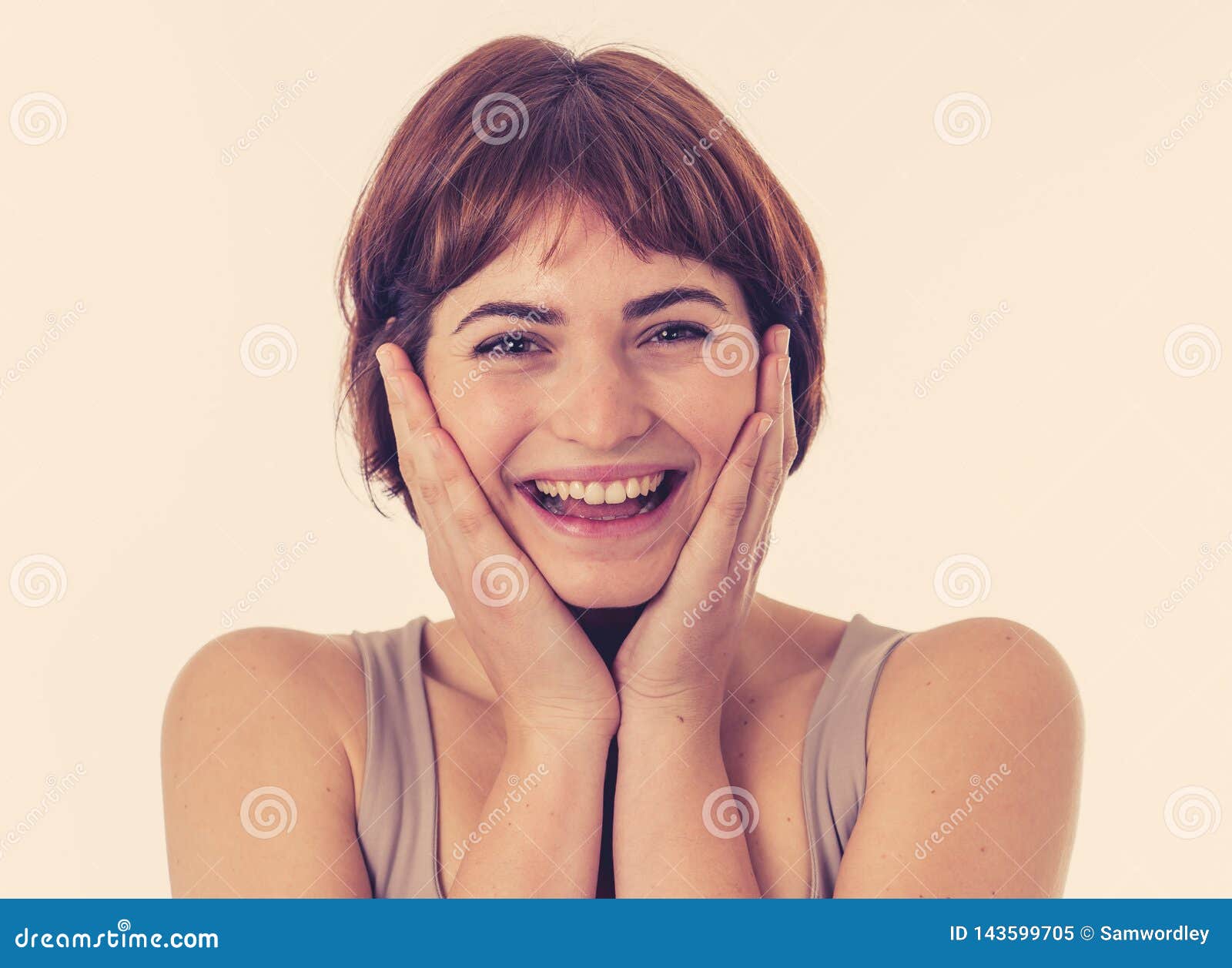 Portrait Of Young Attractive Cheerful Woman With Smiling Happy Face