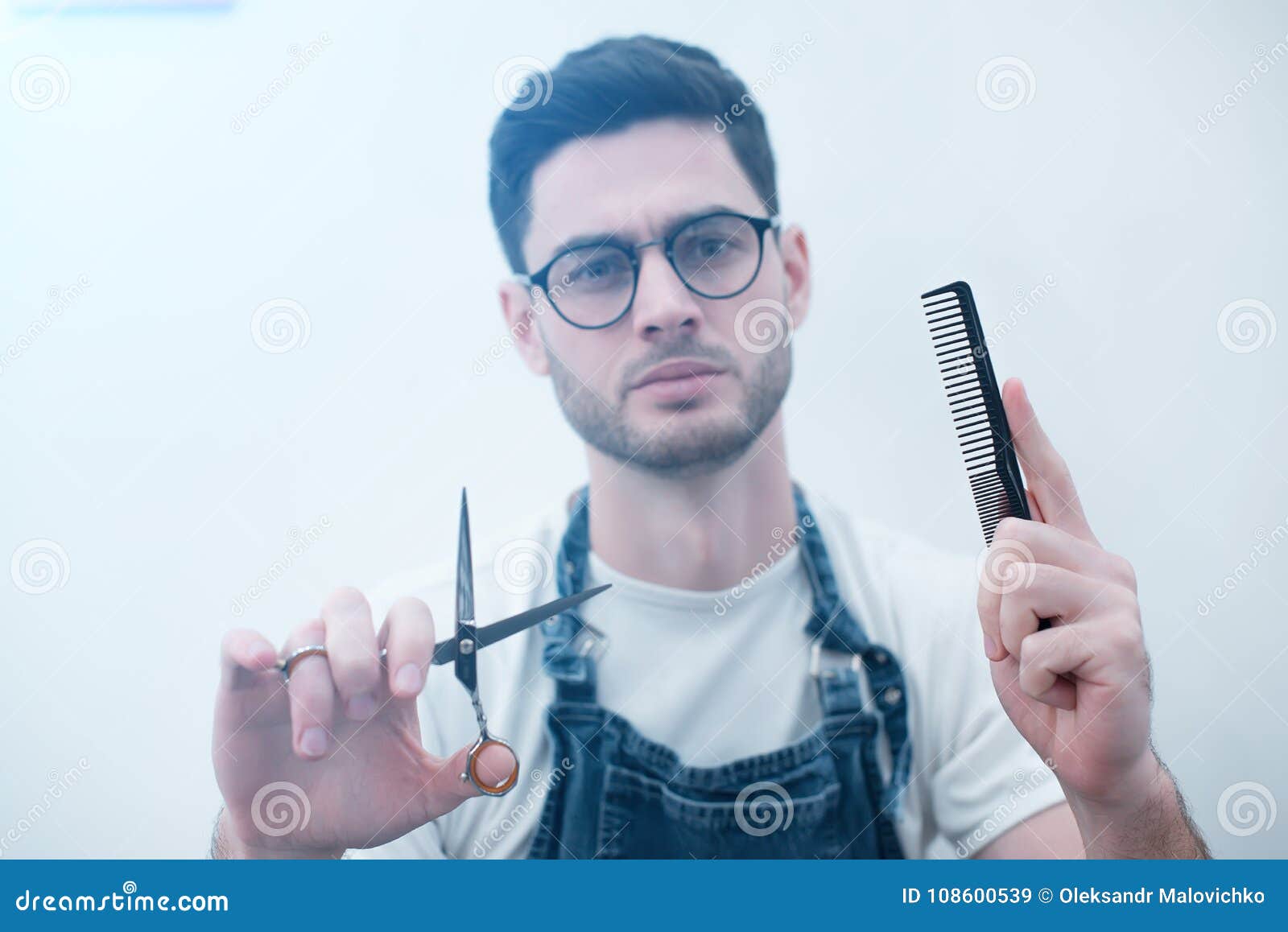 Barber with Comb and Scissors Stock Image - Image of eyeglasses ...
