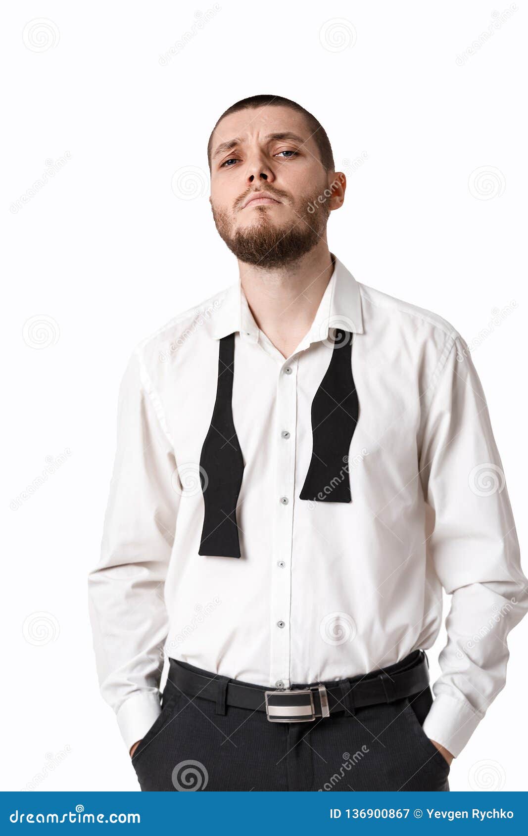 Young Bearded Man In A White Shirt And Bow Tie Stock Image Image Of