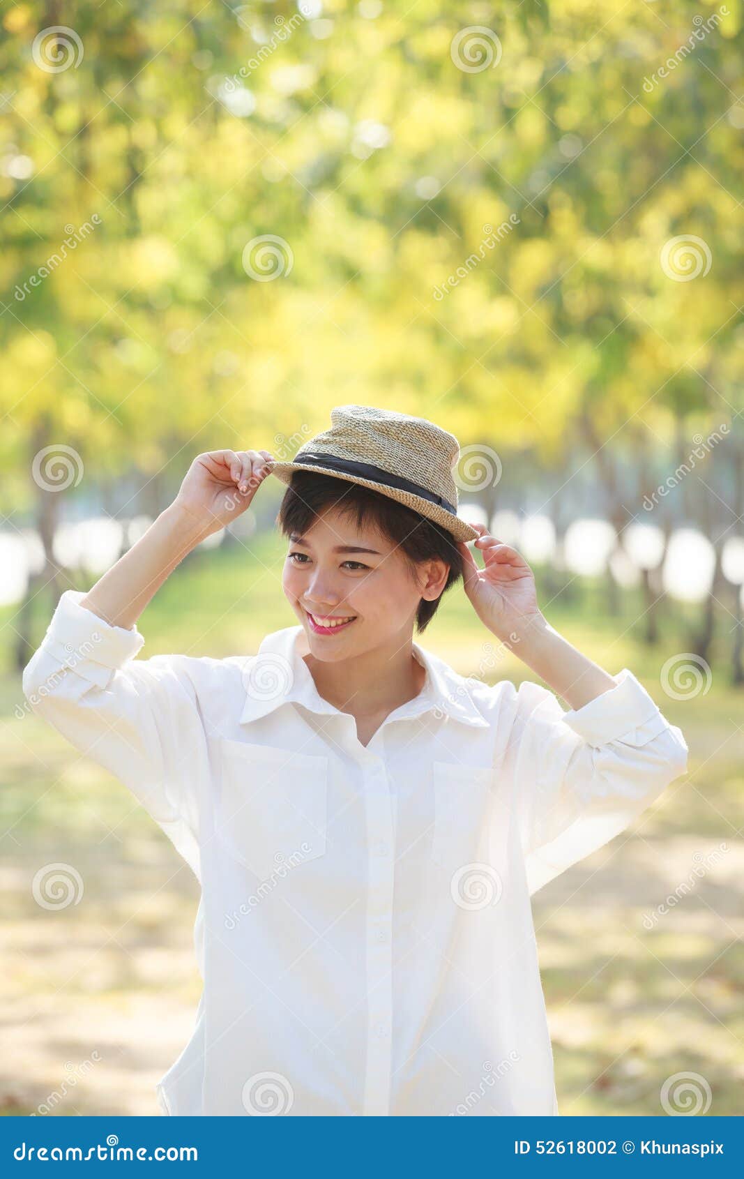 Portrait Of Young Beautiful Asian Woman Wearing Straw Hat With S Stock