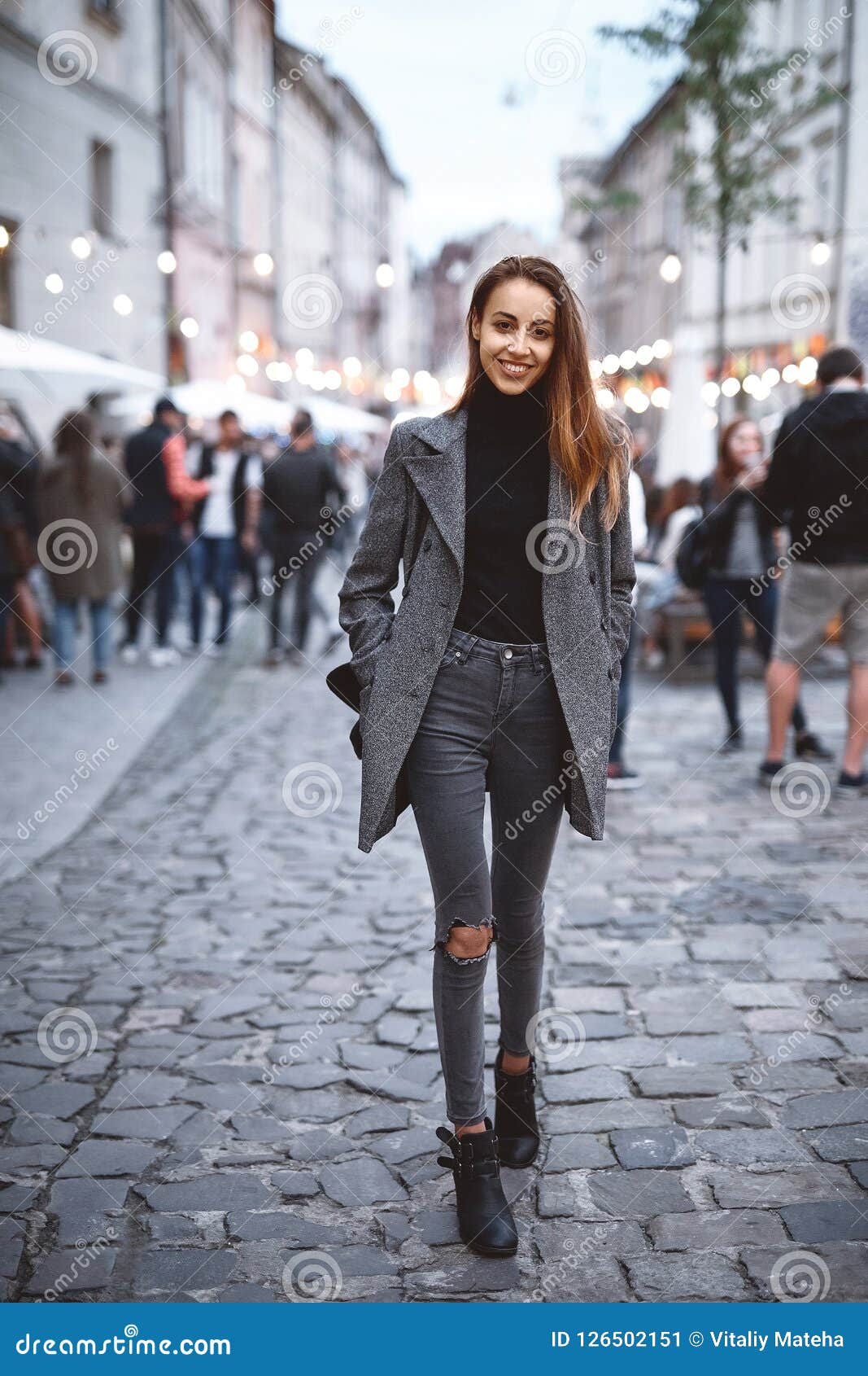 Portrait of Young Beautiful Fashionable Brunette Woman Posing in Street ... Portrait of Young Beautiful Fashionable Brunette Woman Posing in Street ...