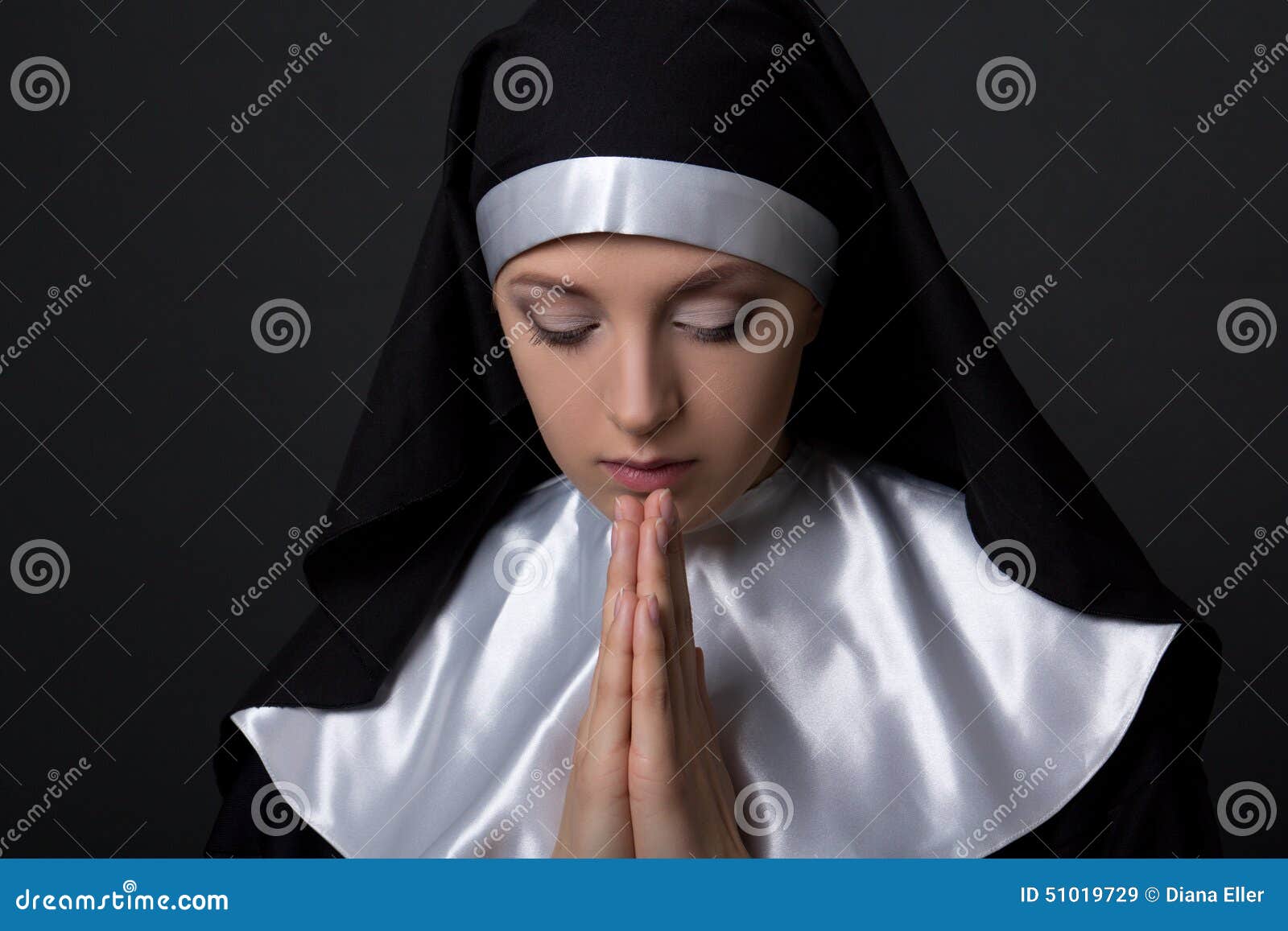 Portrait Of Young Beautiful Praying Nun Over Grey Stock Photo - Image ...