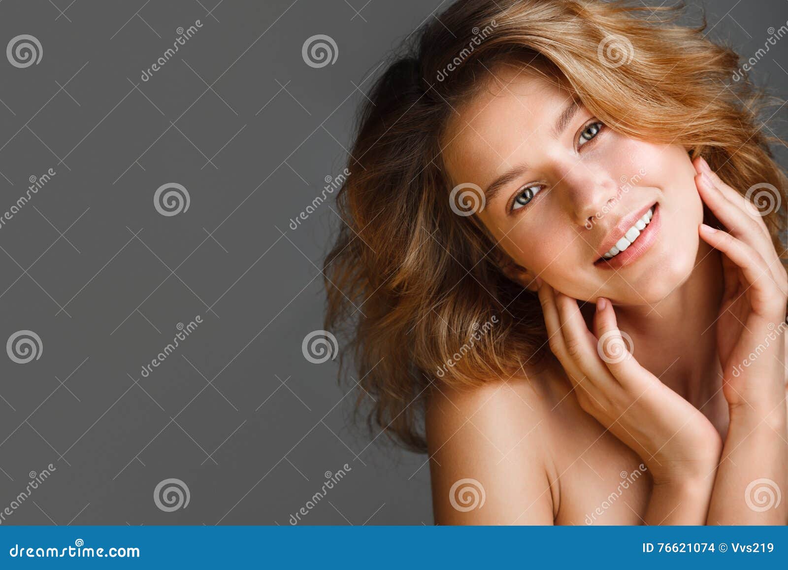 Portrait Of Young Beautiful Woman With Bare Shoulders And Fresh Stock