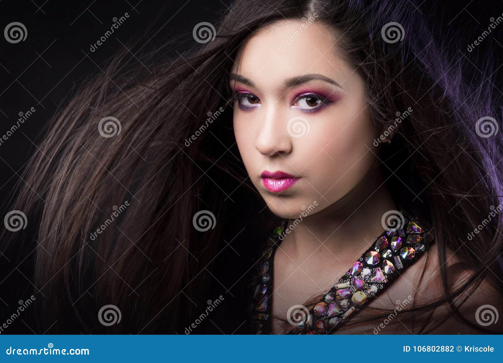 Portrait Of Young Beautiful Woman Brunette With Bright Makeup Stock