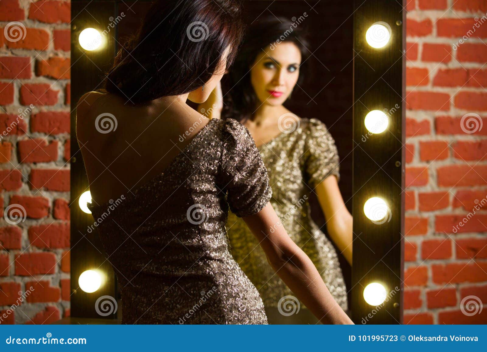 Portrait Of Young Beautiful Woman Standing Near Mirror With Stock Image